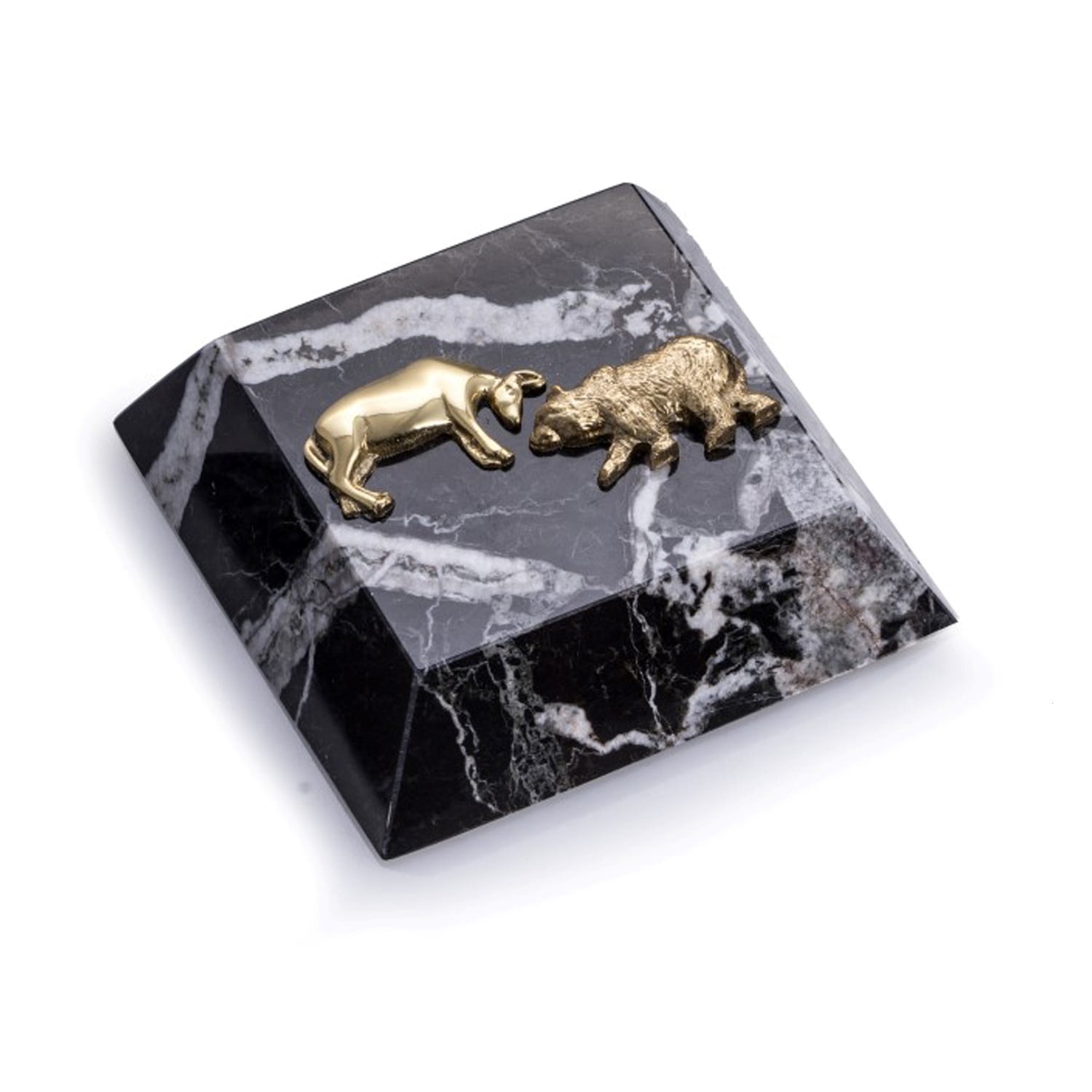 Black "Zebra" Marble Paperweight with Antique Gold Plated "Stock Market ...