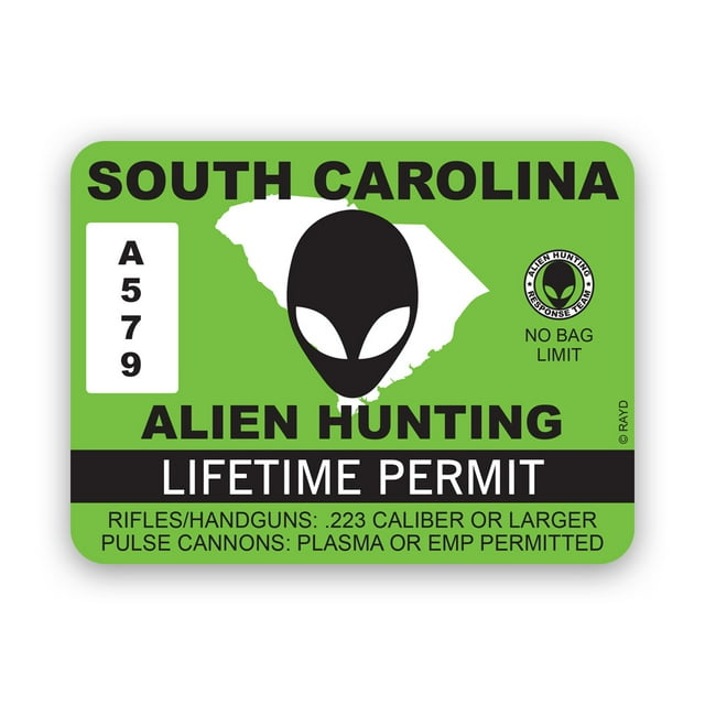 South Carolina Alien Hunting Permit Sticker Decal - Self Adhesive Vinyl ...