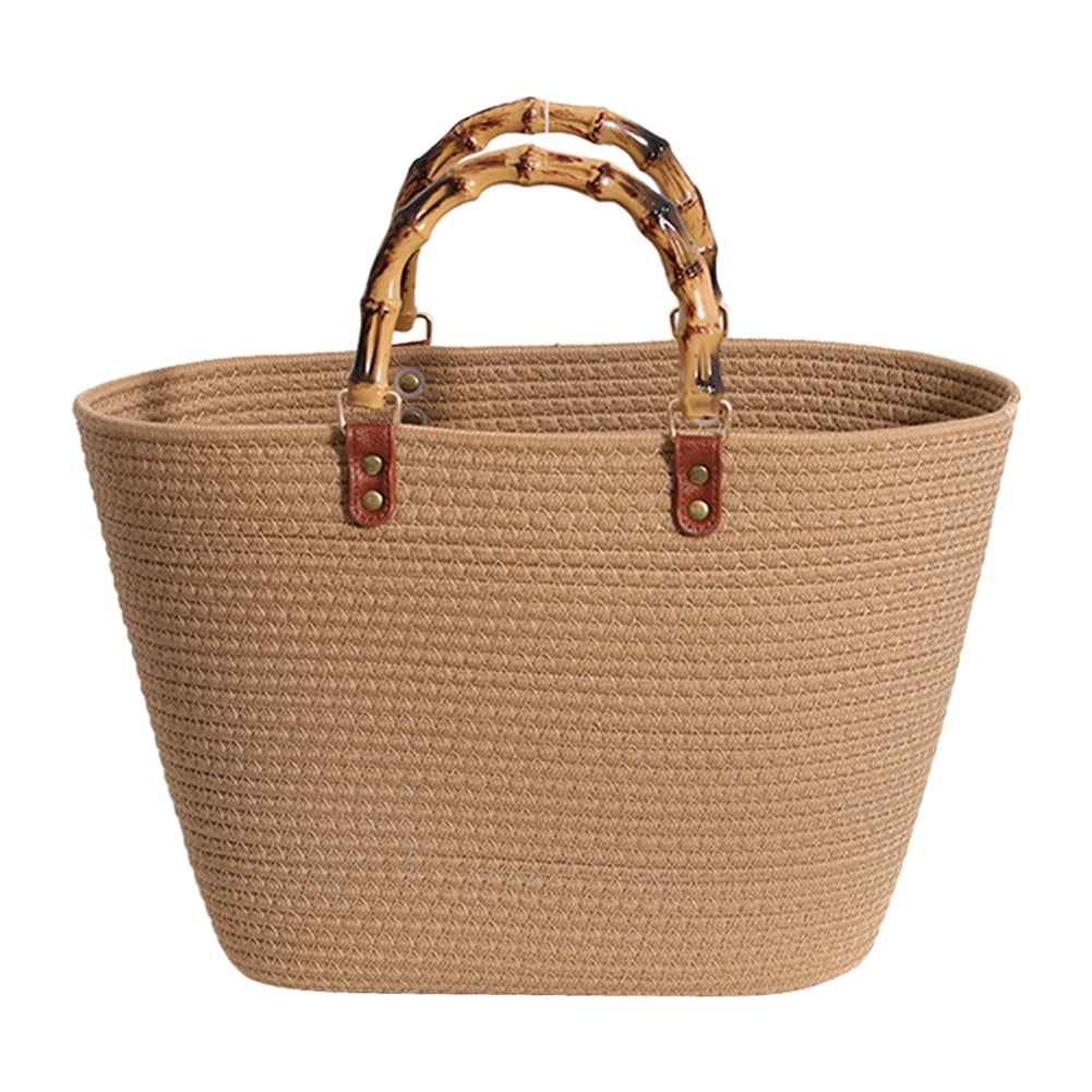 Yucurem Fashion Beach Bags Bamboo Handle Cotton Woven Tote Striped for ...