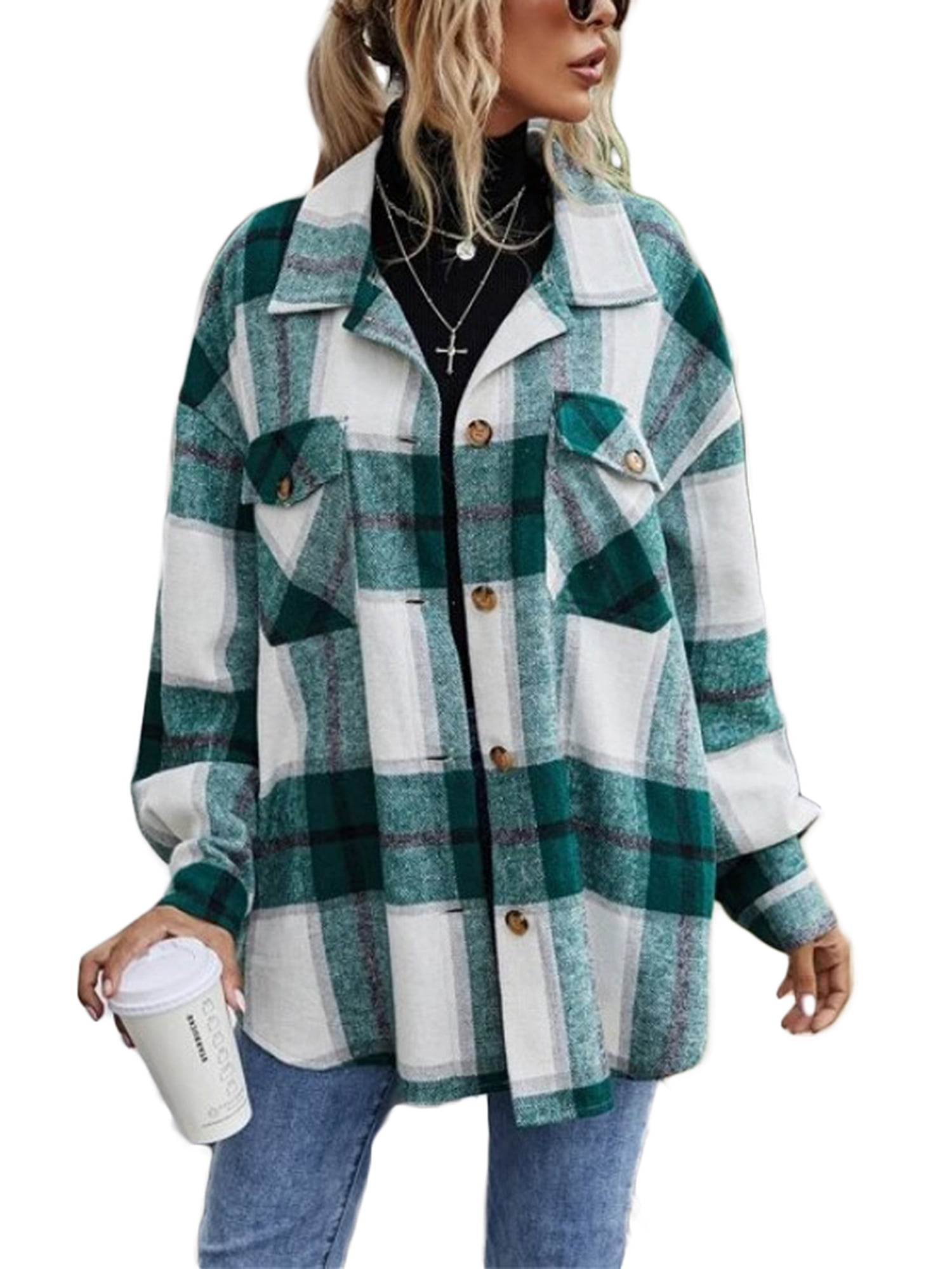 Seyurigaoka Women Juniors Shacket Plaid Turn-Down Collar Long Sleeve ...