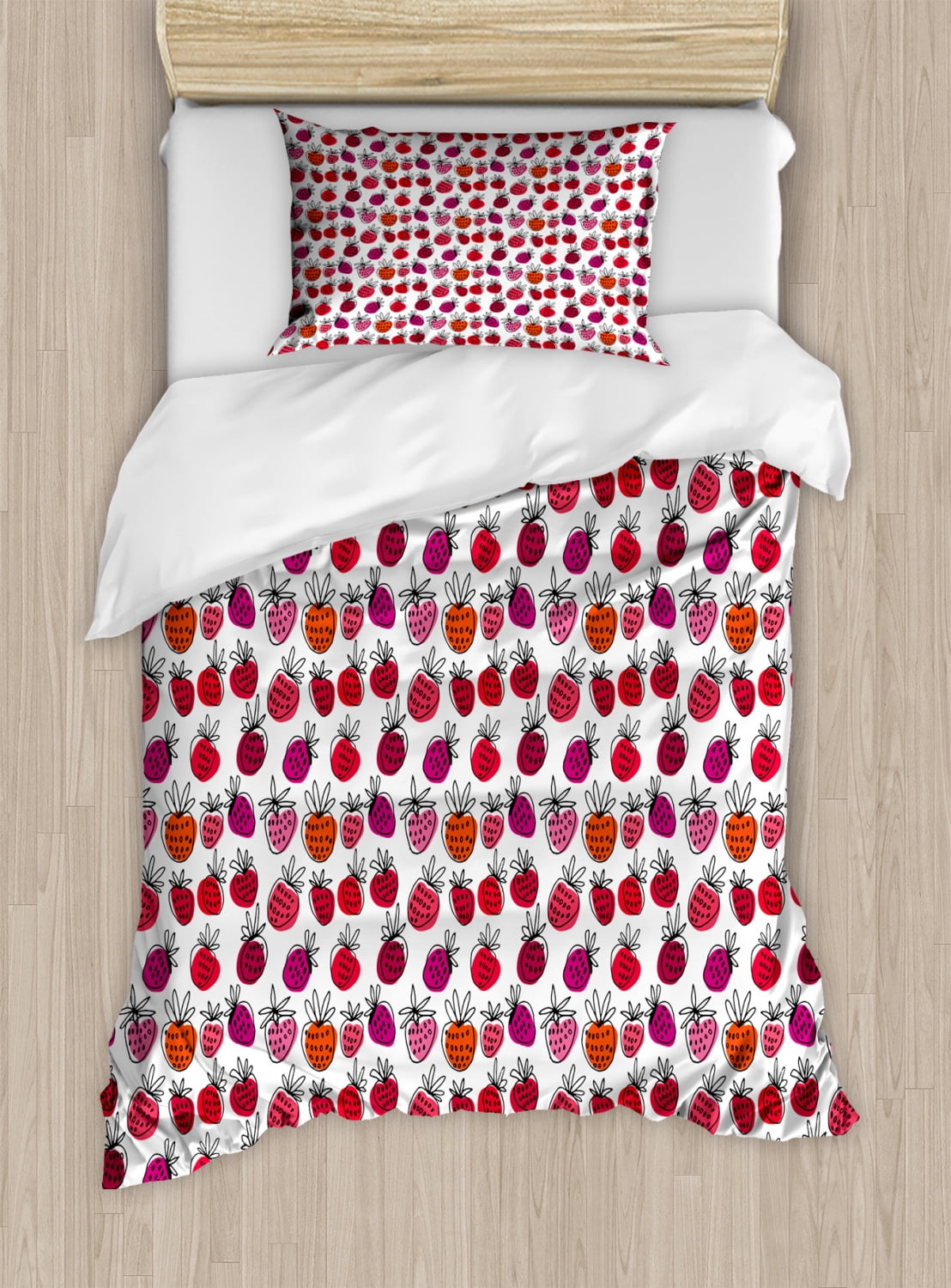 Strawberry Twin Size Duvet Cover Set Hand Drawn Doodle Strawberries In