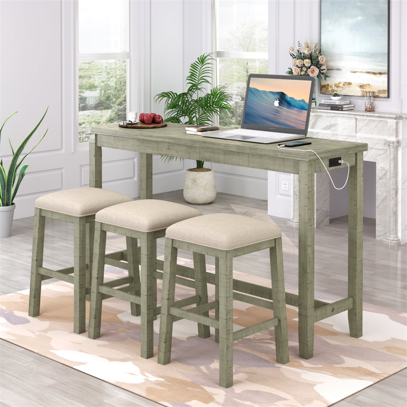4 Pieces Counter Height Dining Table Set with Built-in Charging, Rustic ...