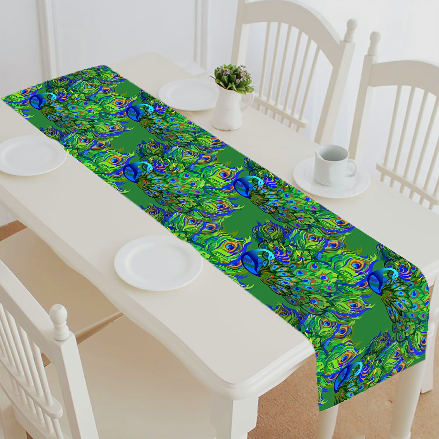 ABPHQTO Peacock Birds Fully Fanned Tail Green Table Runner Placemat ...