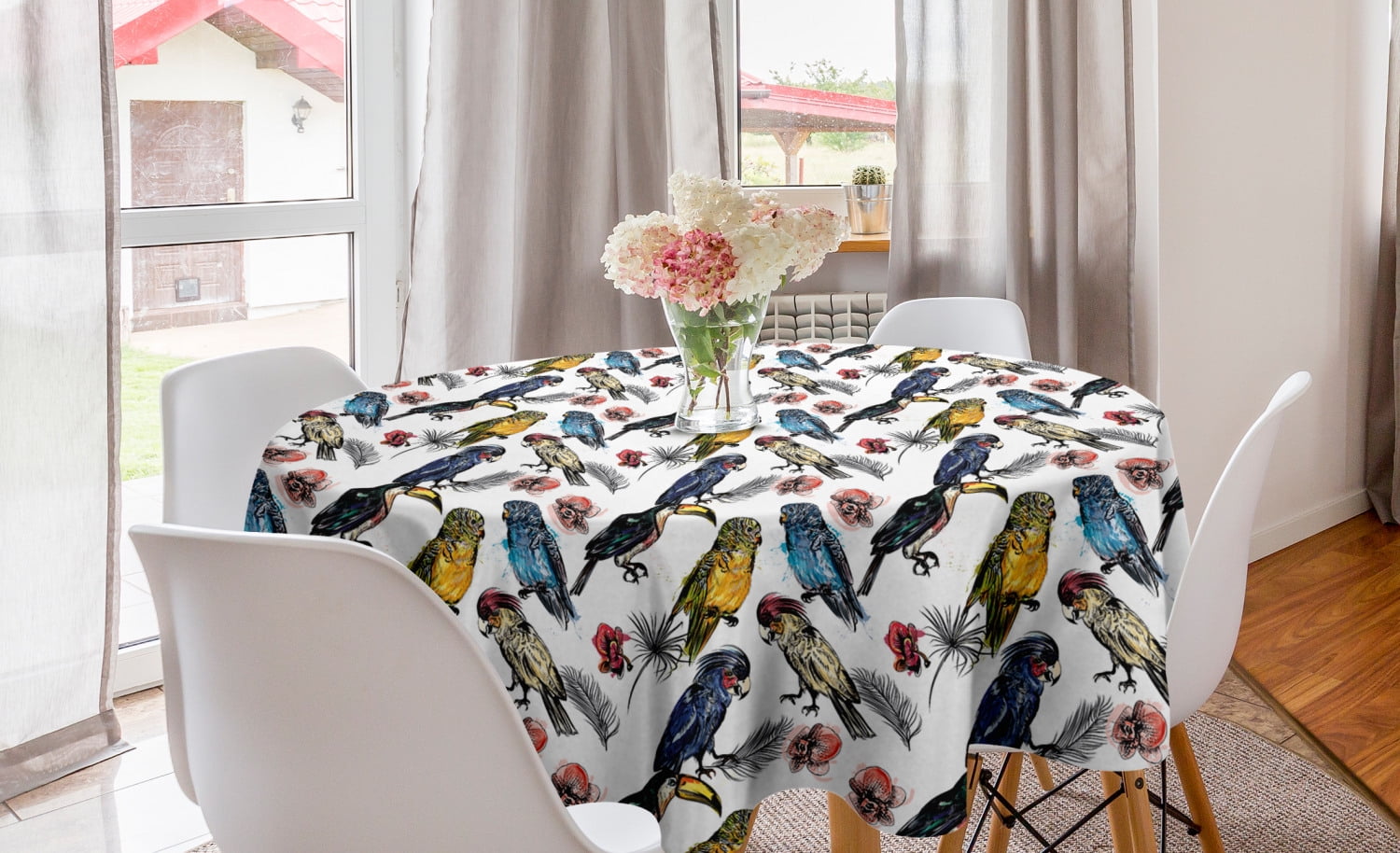 Bird Round Tablecloth, Sketchy Painted Like Artwork of Repetitive ...