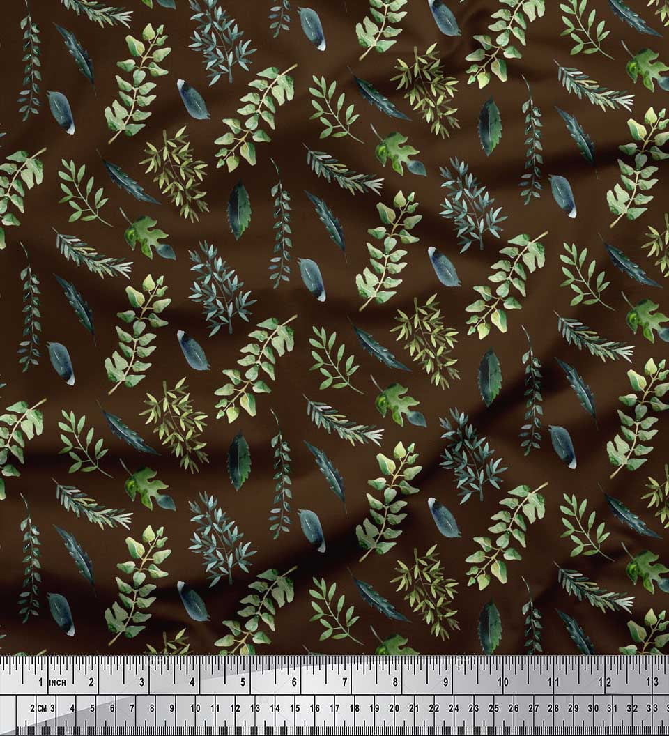 Soimoi Brown Japan Crepe Satin Fabric Curry & Leaves Print Fabric by ...