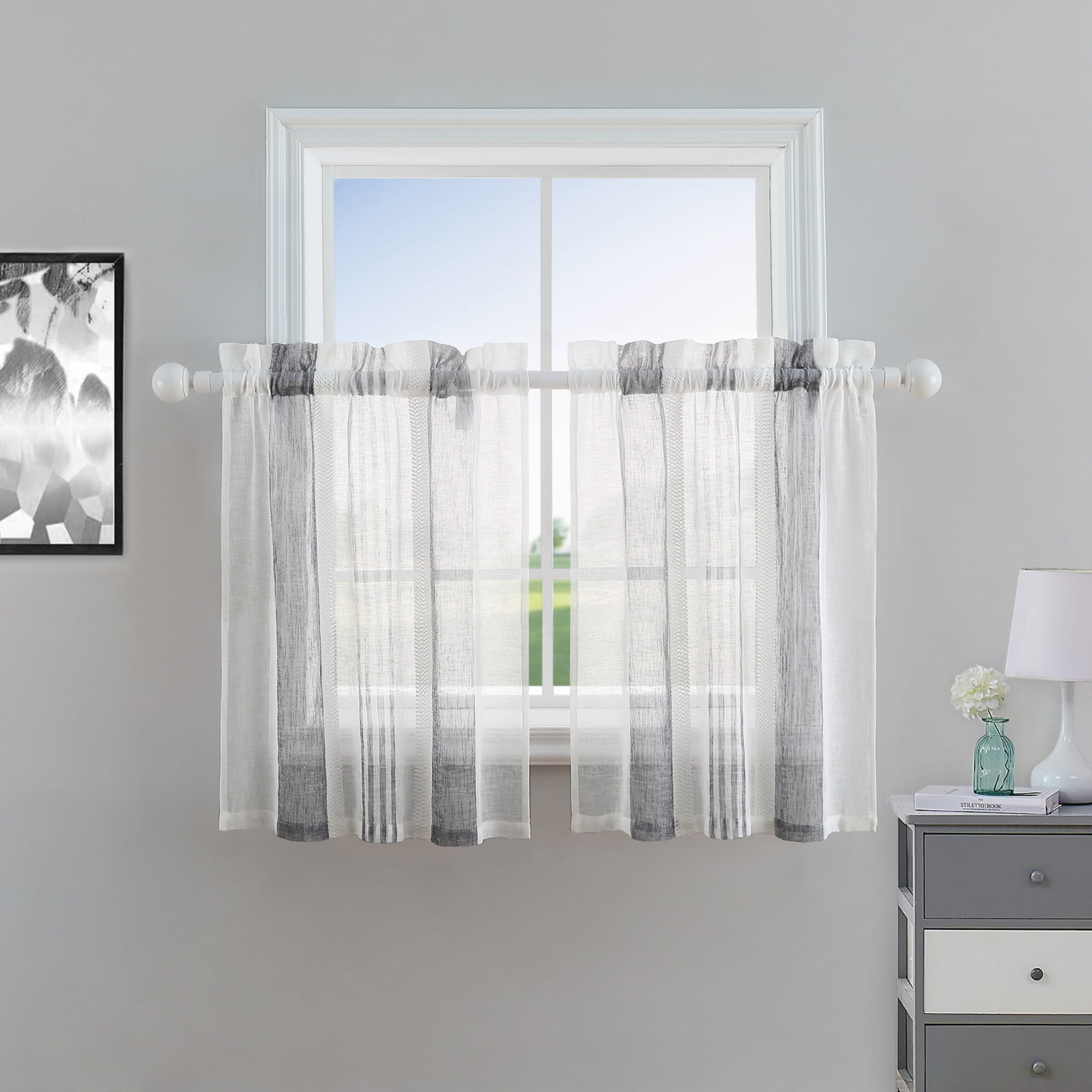 Coolmee Sheer Valance Curtain，Vertical Stripetier Kitchen Curtain Rod ...
