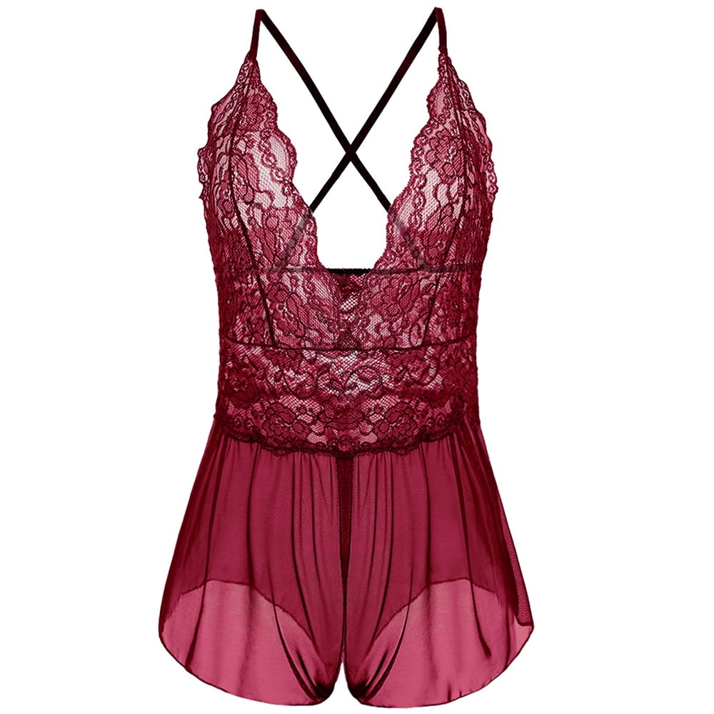 Belleziva Belleziva Women Deep V Neck Sexy Lace Teddy Lingerie One