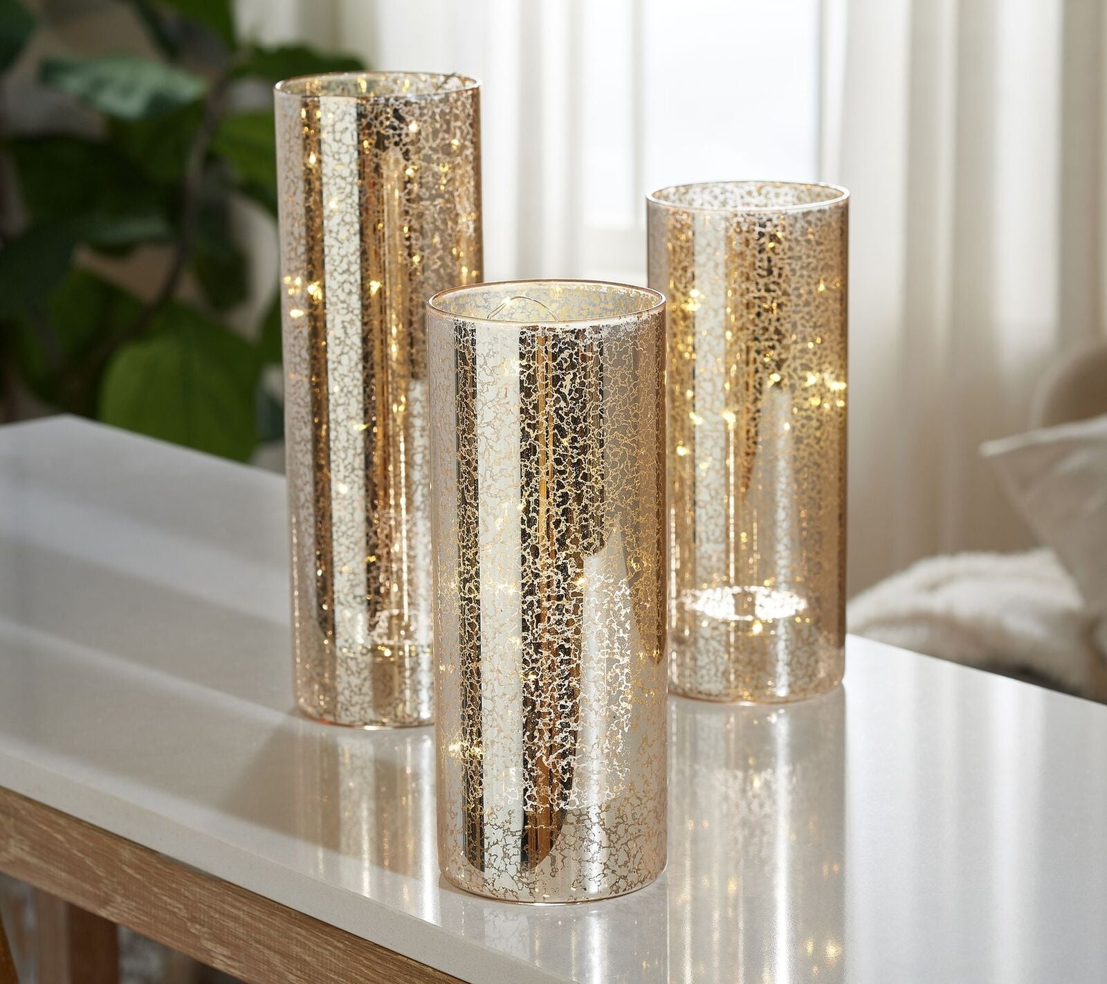Valerie's Set of 3 Champagne Mercury Glass Pillars with Microlights ...