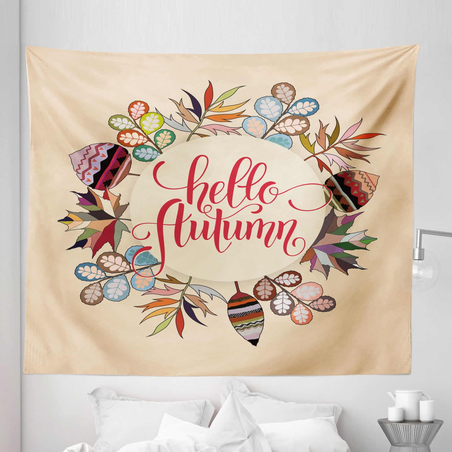 Hello Fall Tapestry, Modern Scandinavian Style Circular Autumn Leaves ...