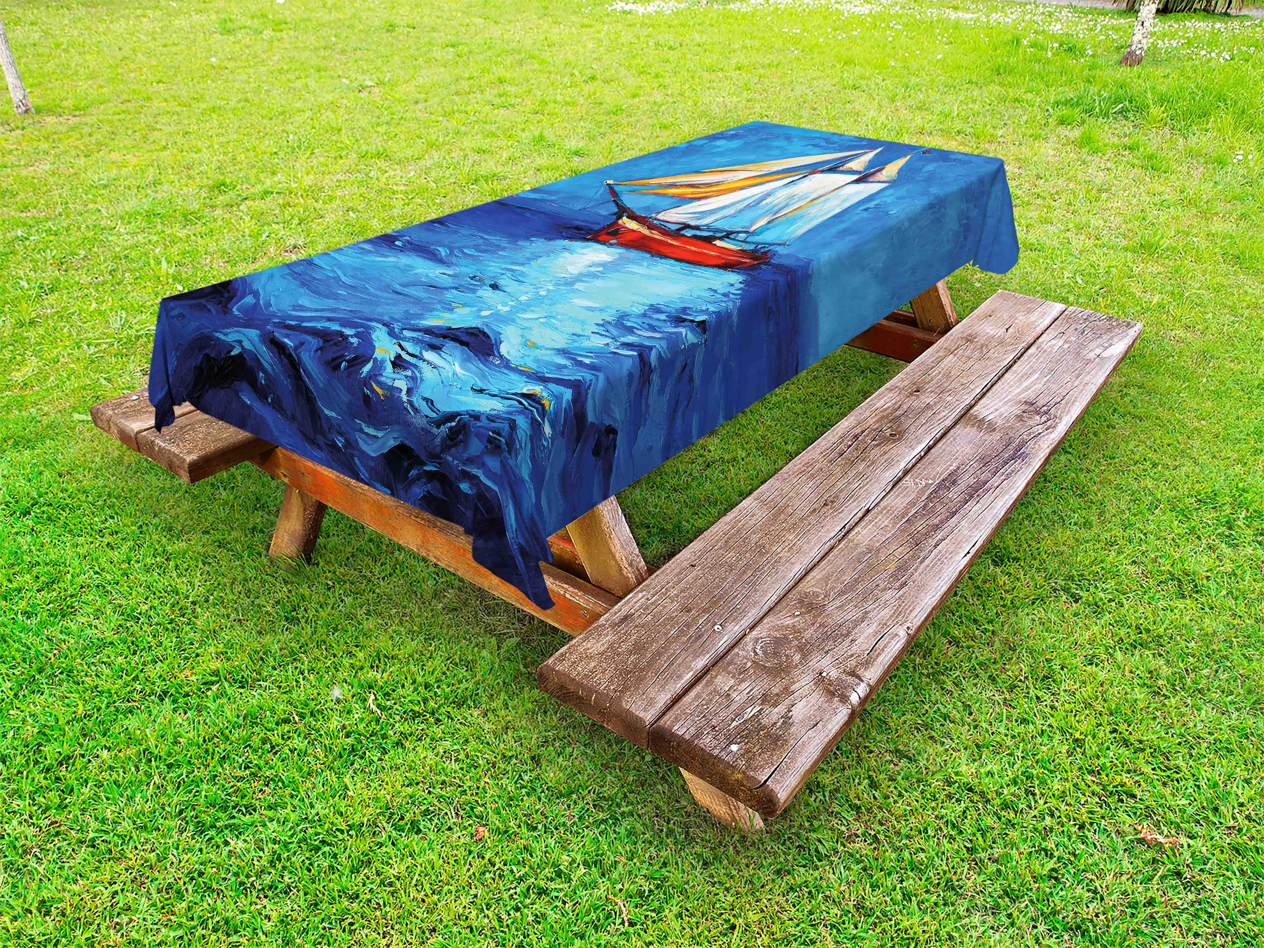 Nautical Outdoor Tablecloth, Oil Painting Style Sailing Ship on Horizon ...