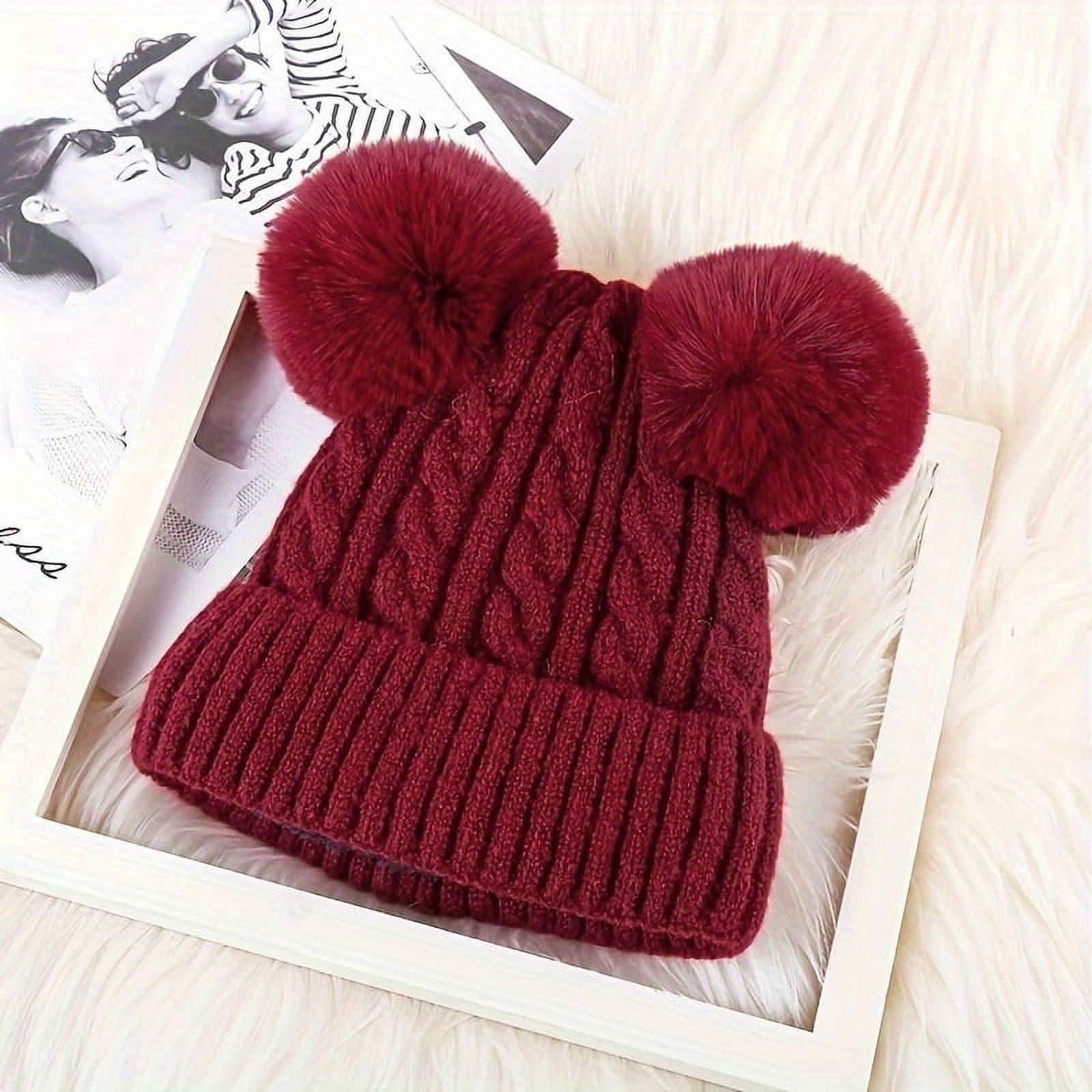 Click here for Debgfs Plush-Lined Knit Beanie With Double Pom Pom... prices