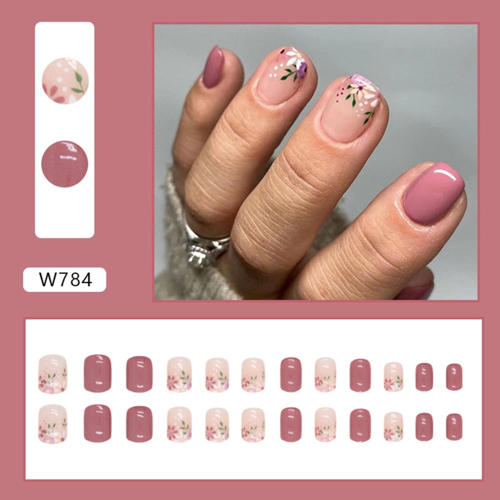 Spring & Summer Flower False Nail Full Cover Glossy Short Fake Nail ...