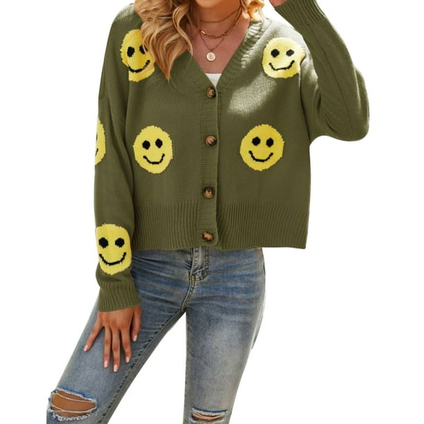 Cardigans for Women Smiley Face Sweater Casual Button Down Women ...