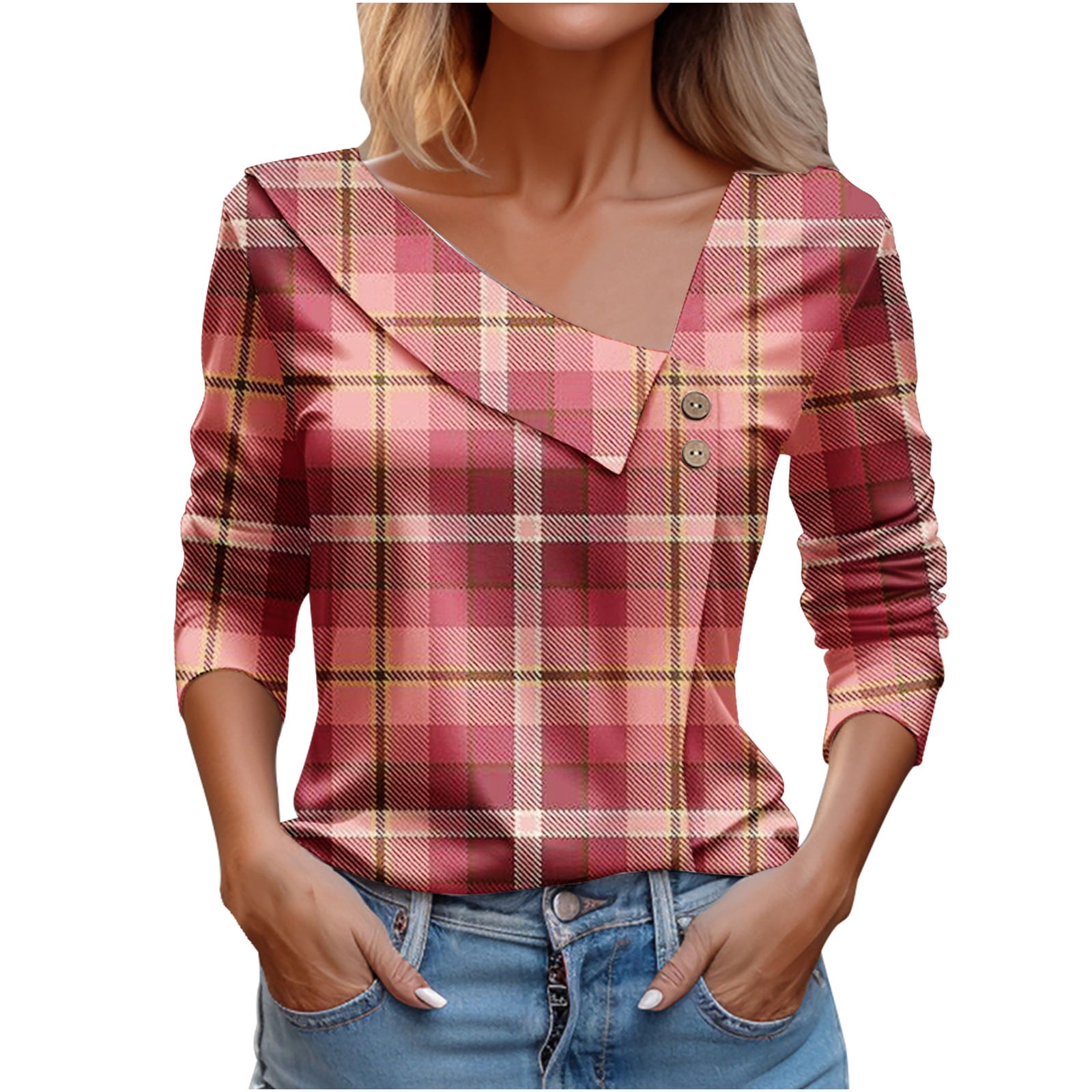 Click here for Erwazi Womens Tops Long Sleeve T Shirts Plaid Asym... prices