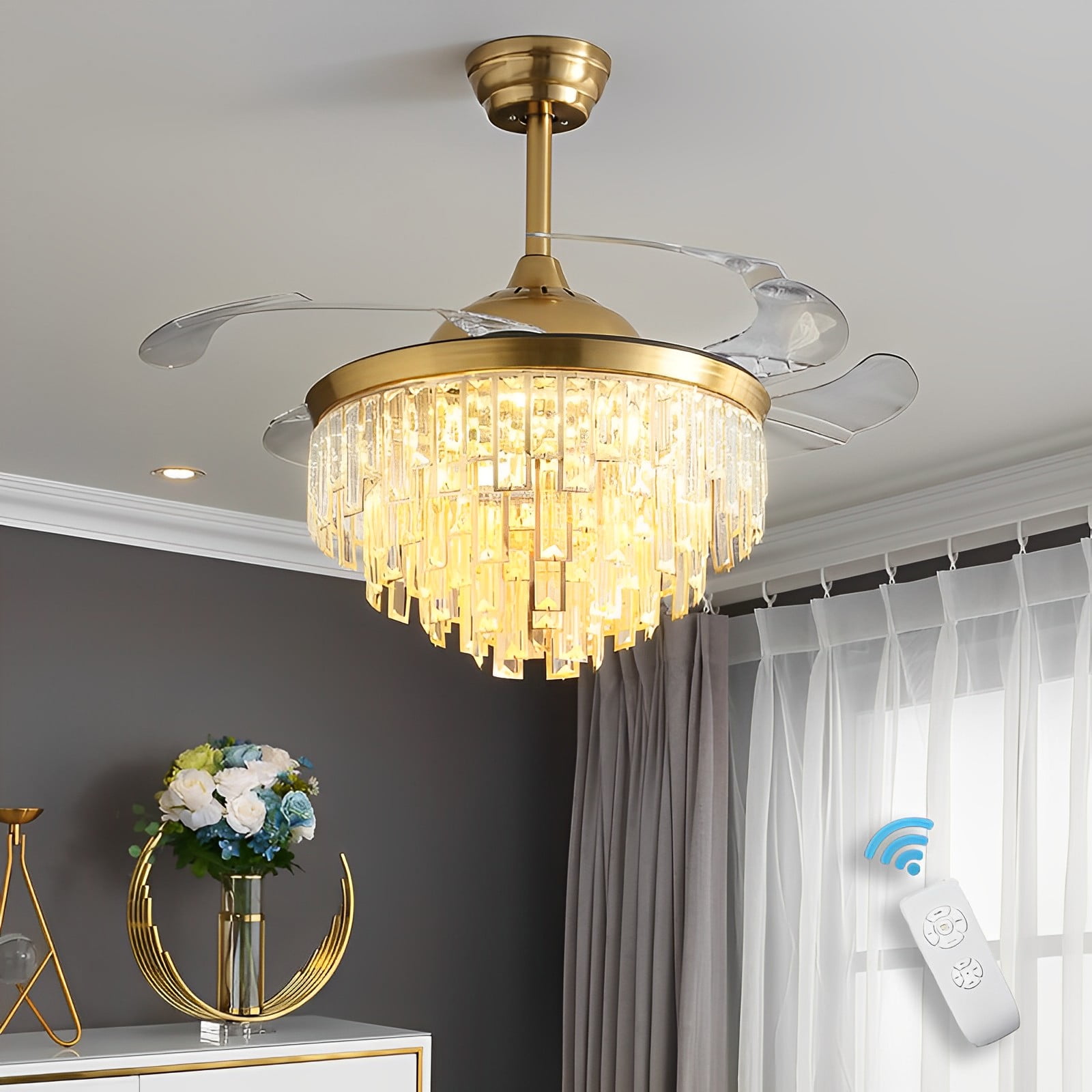 KPIBEST 42" Fandeliers Crystal Chandelier with Fan for Dining Living ...