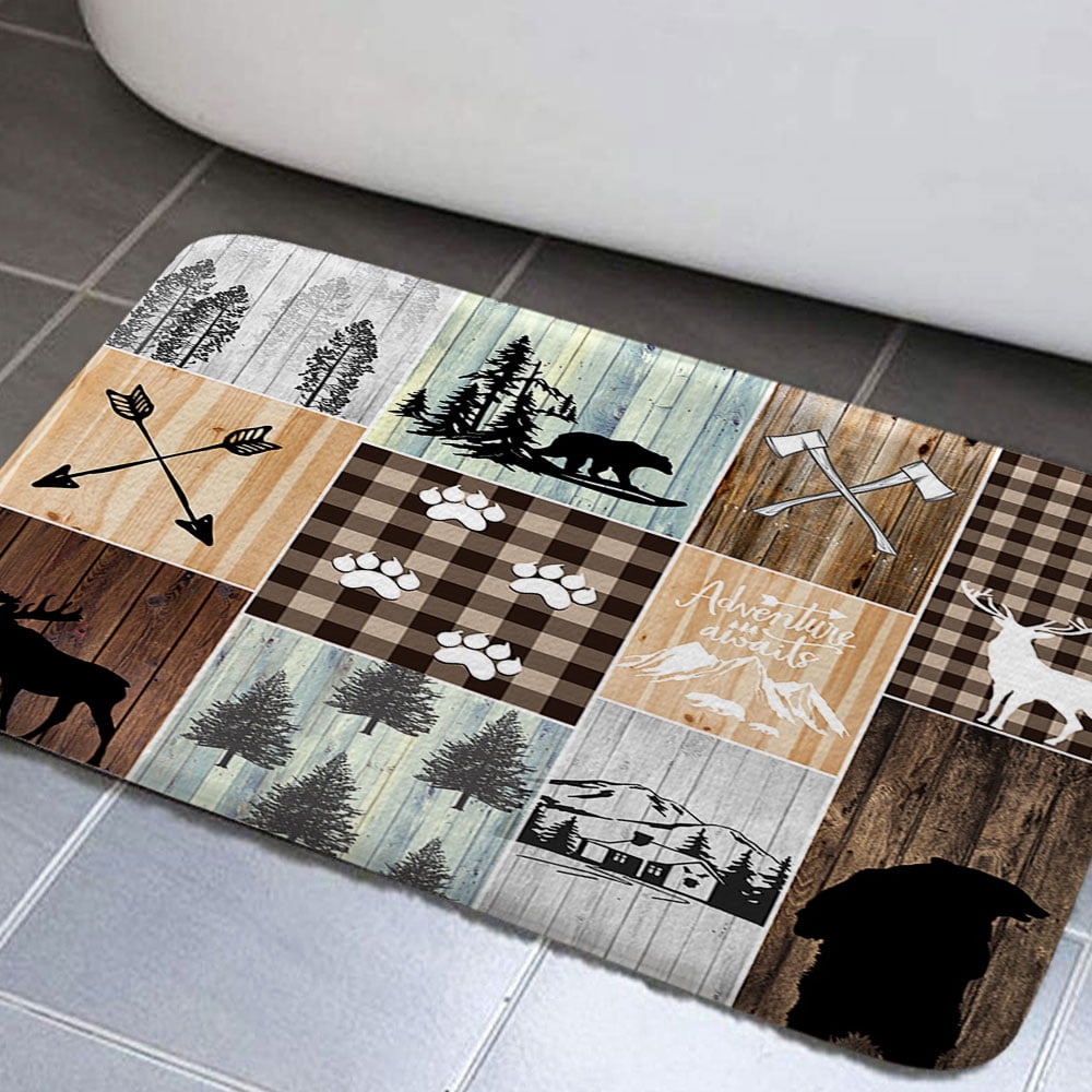 Cabin Retro Rustic Lodge Bathroom Rug Mat, Bear Deer Country Hunting ...