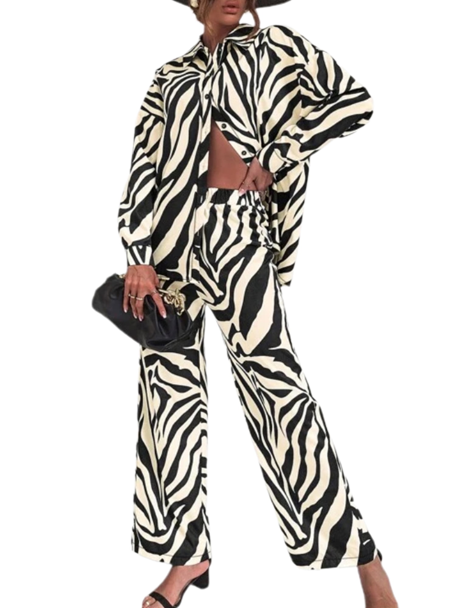 Sunisery Women Y2K 2 Piece Pants Set Oversized Printed Button Down ...