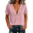 ATOYSOY Womens Tops Trendy Solid Color V Neck Eyelet Placket Roll Cuff ...