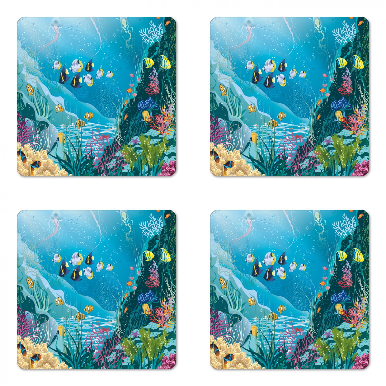 Fish Coaster Set of 4, Underwater Landscape with Tropical Fish and ...