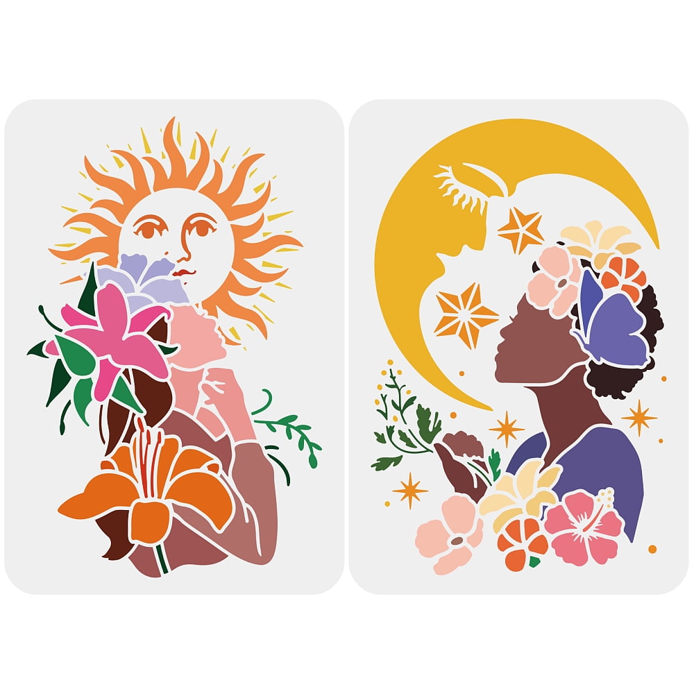 1Set Sun Moon Flower Girl Stencils 29.7x21cm Sun Face Stencil Large ...