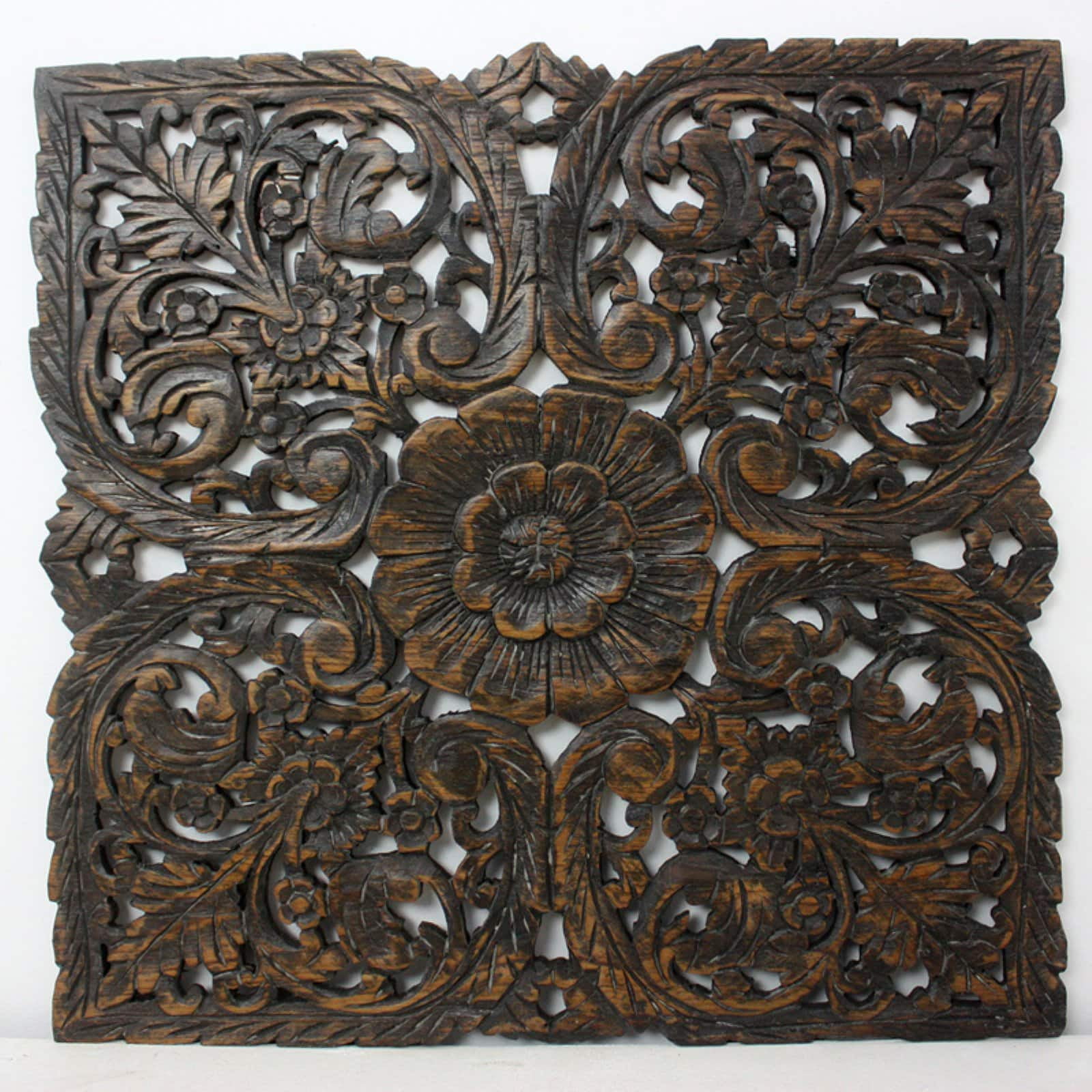 Haussmann® Teak Lotus Panel Inlay Square 60 cm H Black Stain Wax ...