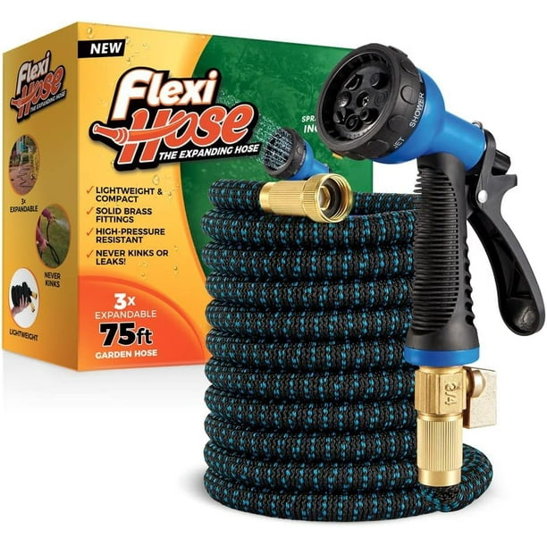Flexi Hose with 8 Function Nozzle Expandable Garden Hose, Lightweight & No-Kink, 75 FT Blue ...