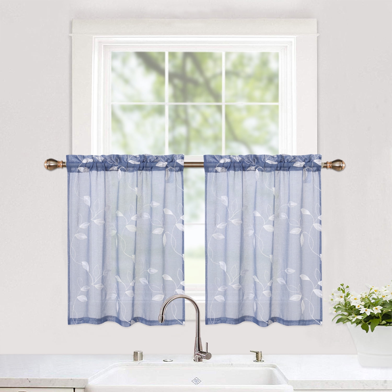 Sheer Kitchen Tiers Curtains with Leaves Pattern and Floral Embroidery ...