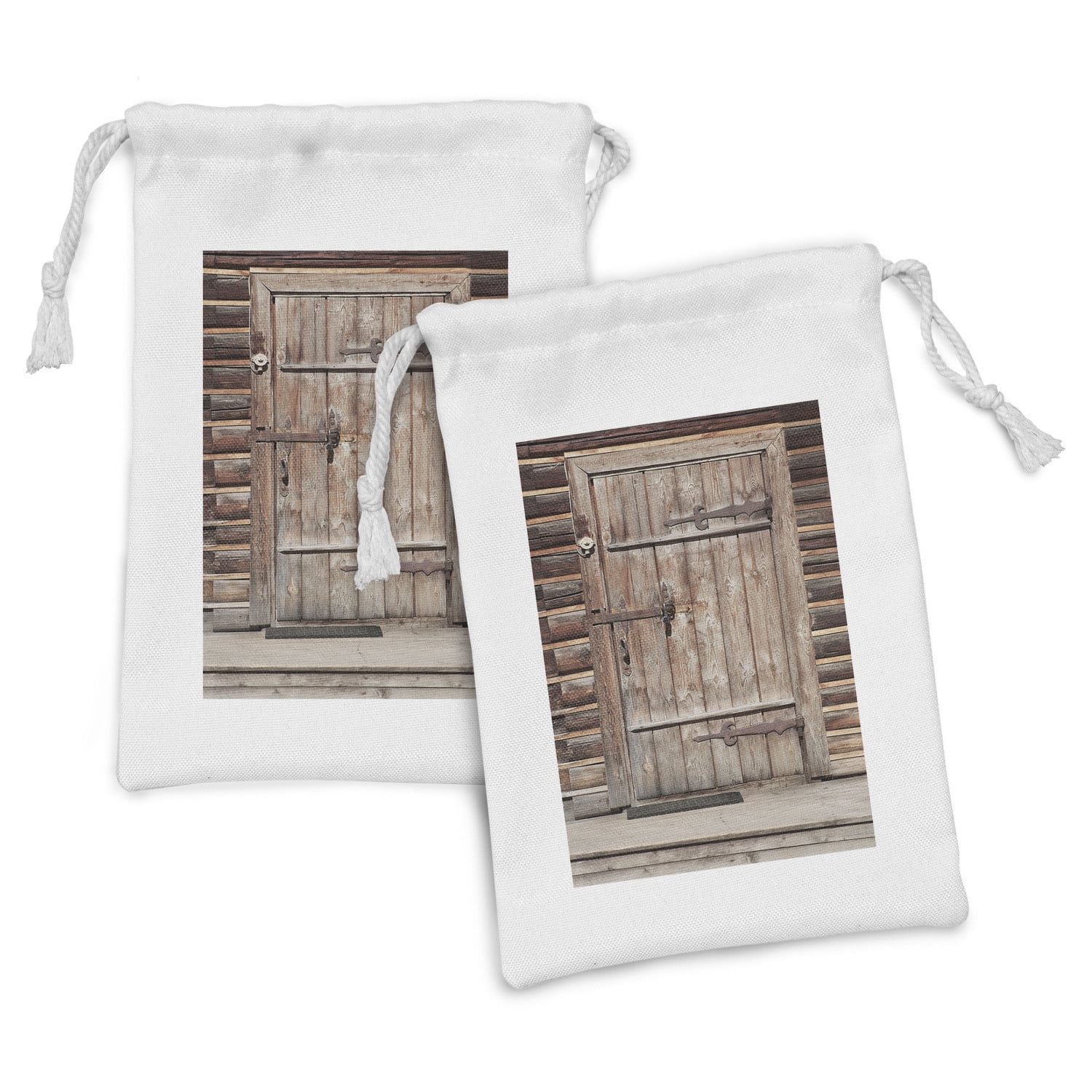 Rustic Fabric Pouch Set of 2, Timber Rustic Door in Wall of an Old Log ...