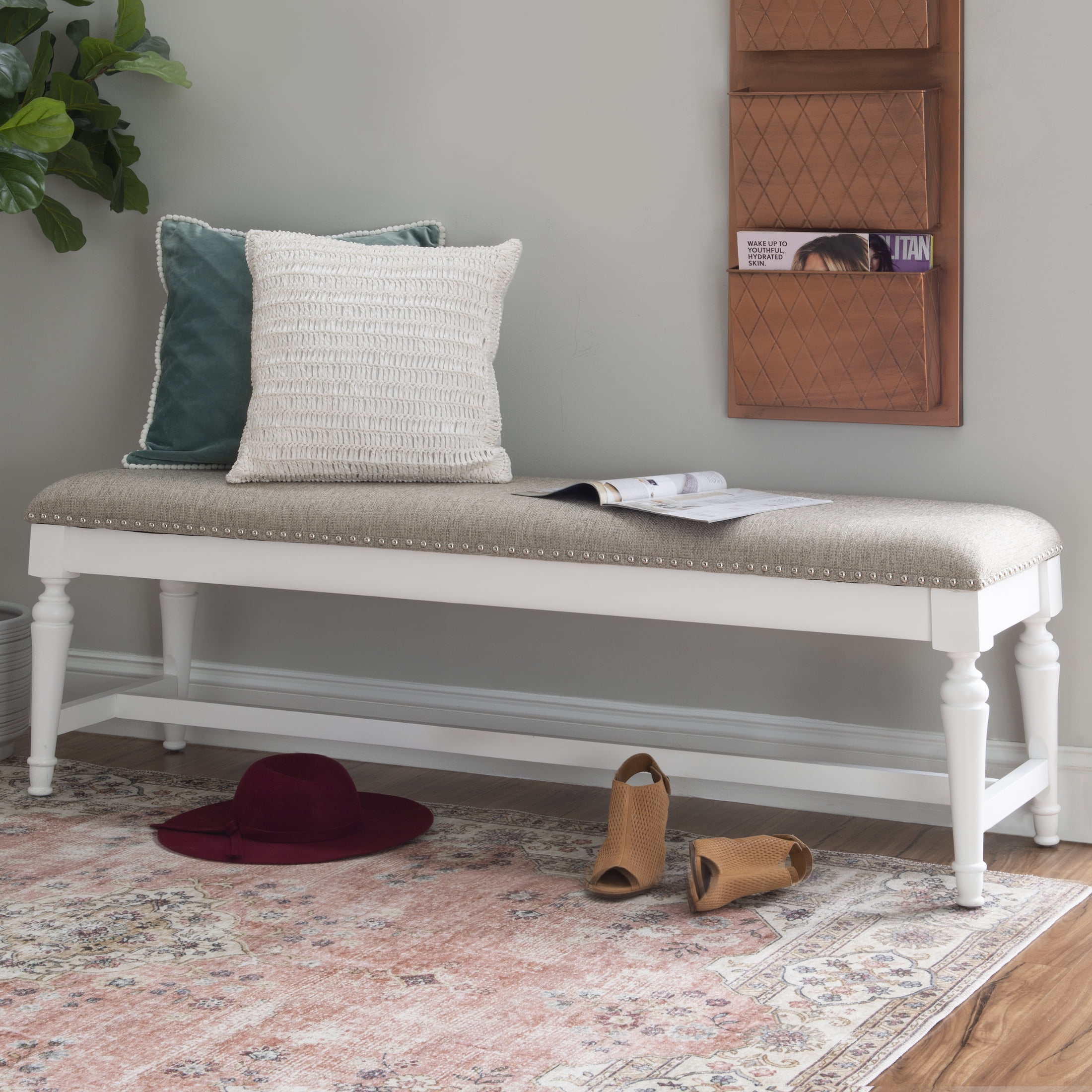 Cailey Upholstered Bench, White Frame with Natural Linen Fabric ...