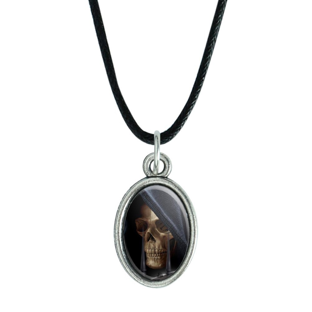 Grim Reaper Dead Death Fantasy Antiqued Oval Charm Pendant with Black ...