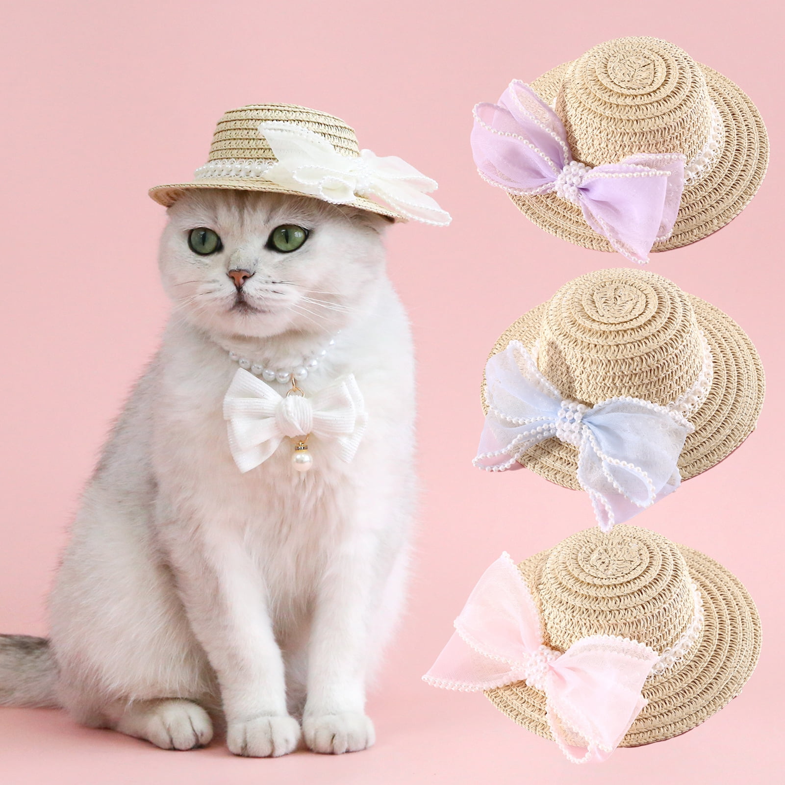 Walbest Elegant Woven Straw Cat Dog Hat with Mesh Bow Fake Pearls for ...
