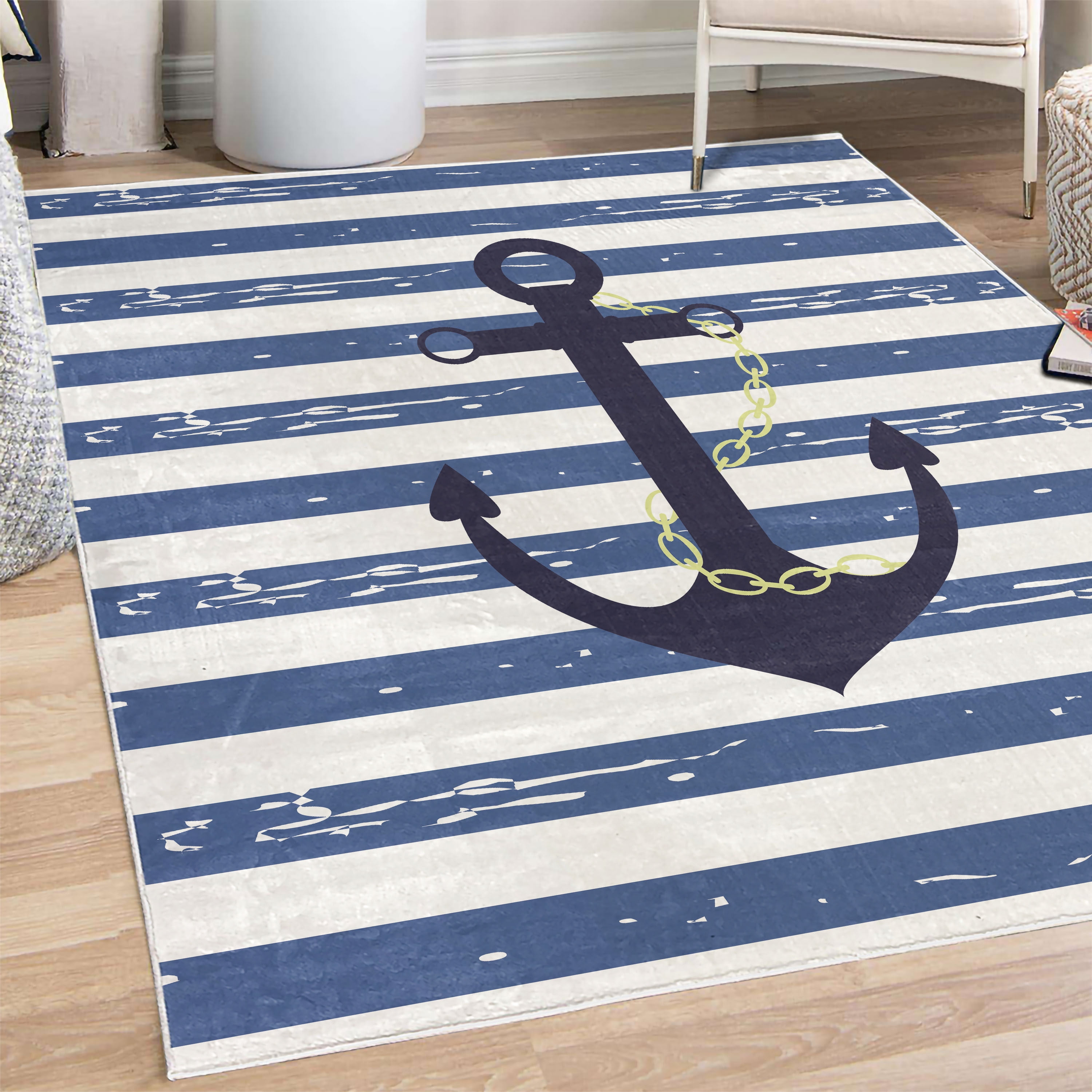 Striped Decorative Rug, Ship Anchor Chain Marine Life Inspired Lines ...