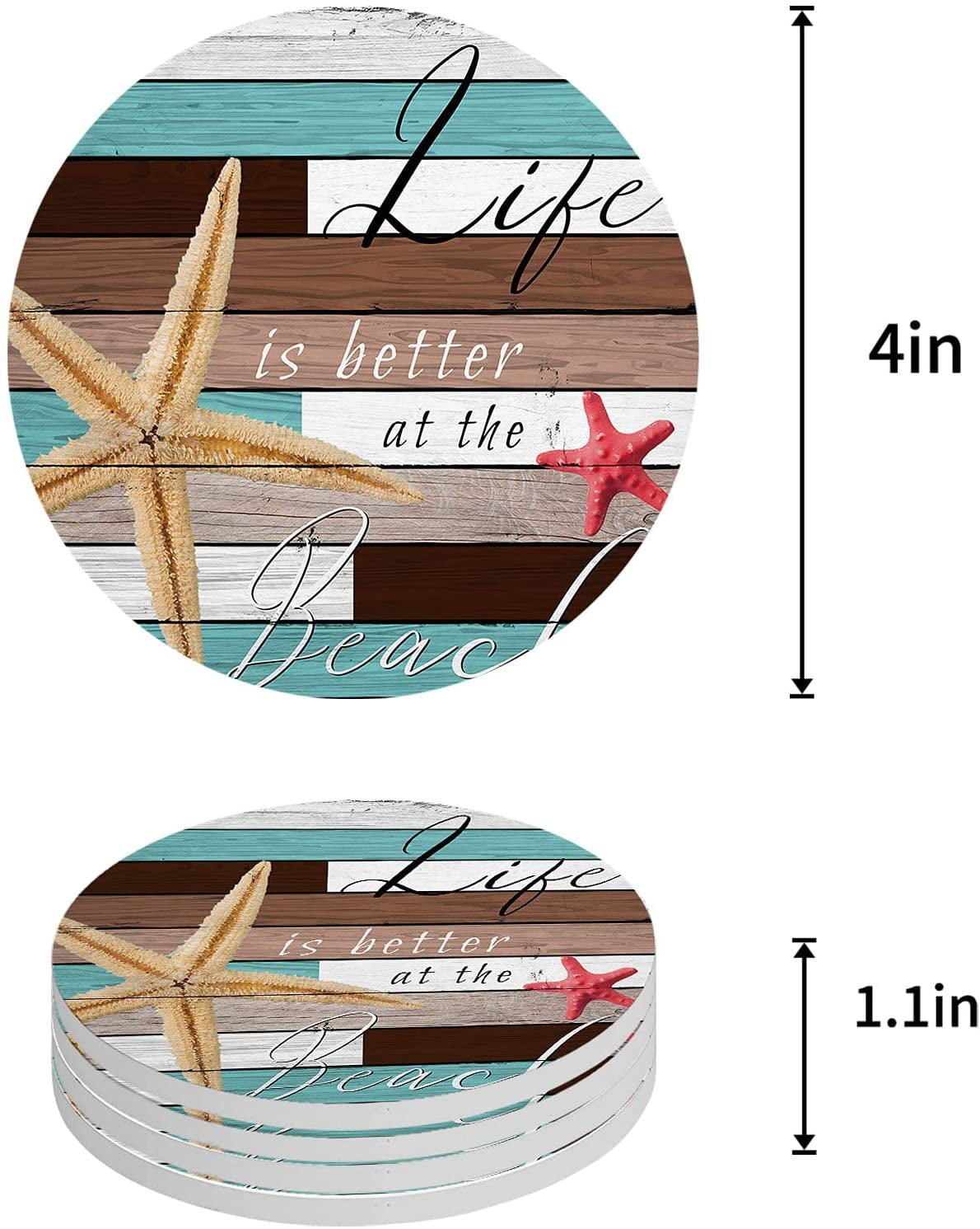 FMSHPON Element Text and Starfish Vintage Wood Grain Set of 4 Round ...