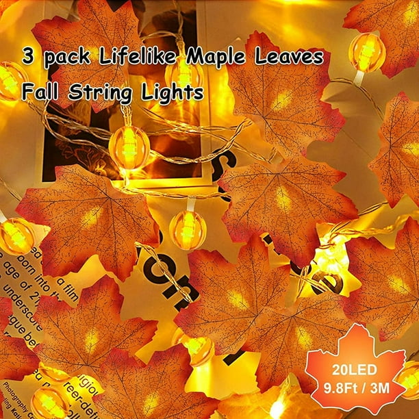 3 Pack Fall Decorations Maple Leaves Pumpkin Lights Total 30 Ft 60 LED ...