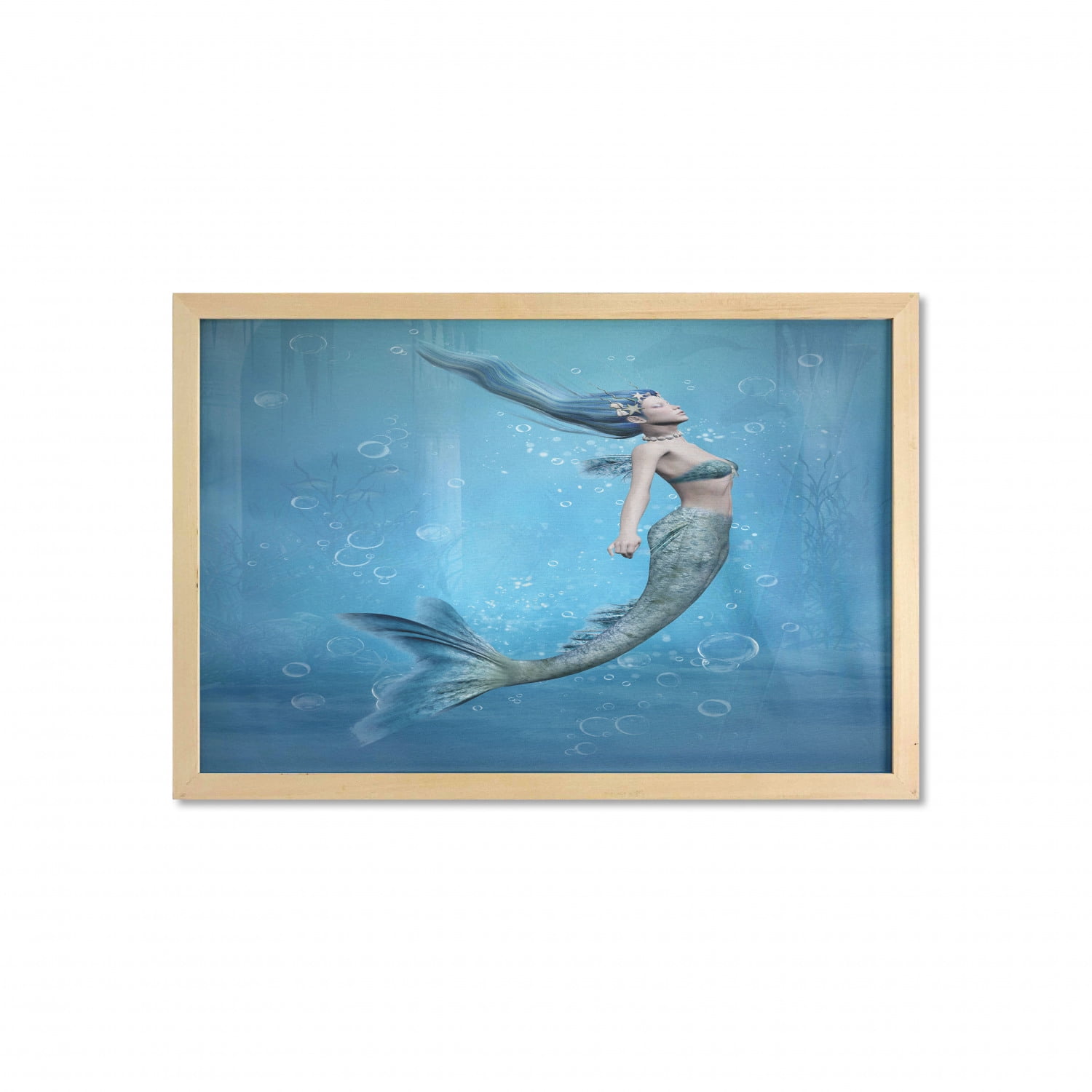 Underwater Wall Art with Frame, Mermaid Fishtail Floating Bubbles ...