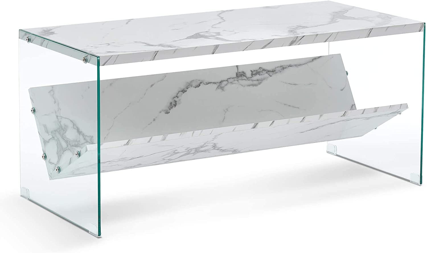 Ivinta Rectangle Coffee Table, White Marble Coffee Table with Tempered ...