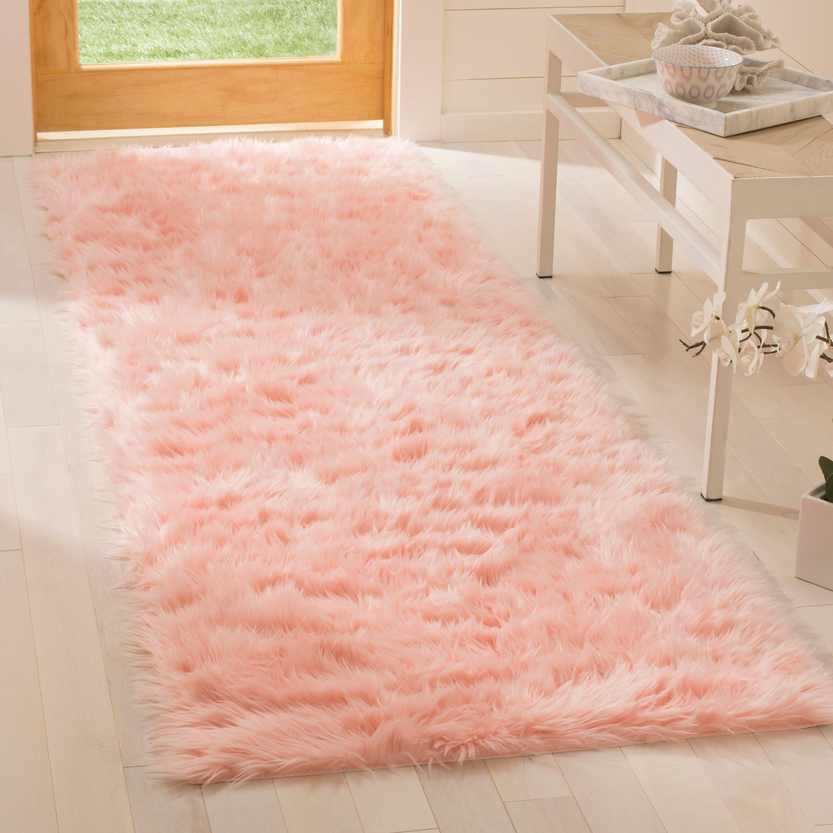 SAFAVIEH Faux Sheep Skin Vesna Solid Plush Runner Rug, Pink, 2'6" x 6 ...
