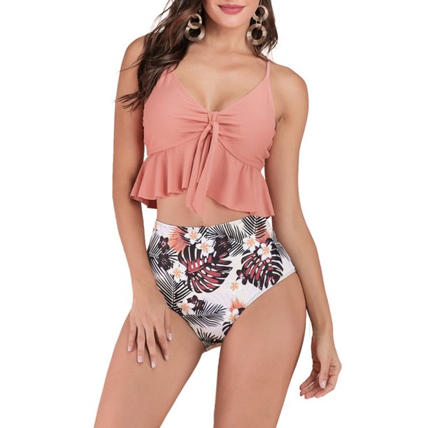 Jurebecia Floral Print Two Piece Swimsuit Swimwear High Waist For Women