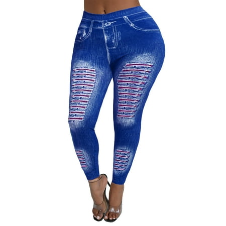 Bellella Ladies Fake Jeans Tummy Control Leggings Skinny Faux Denim ...