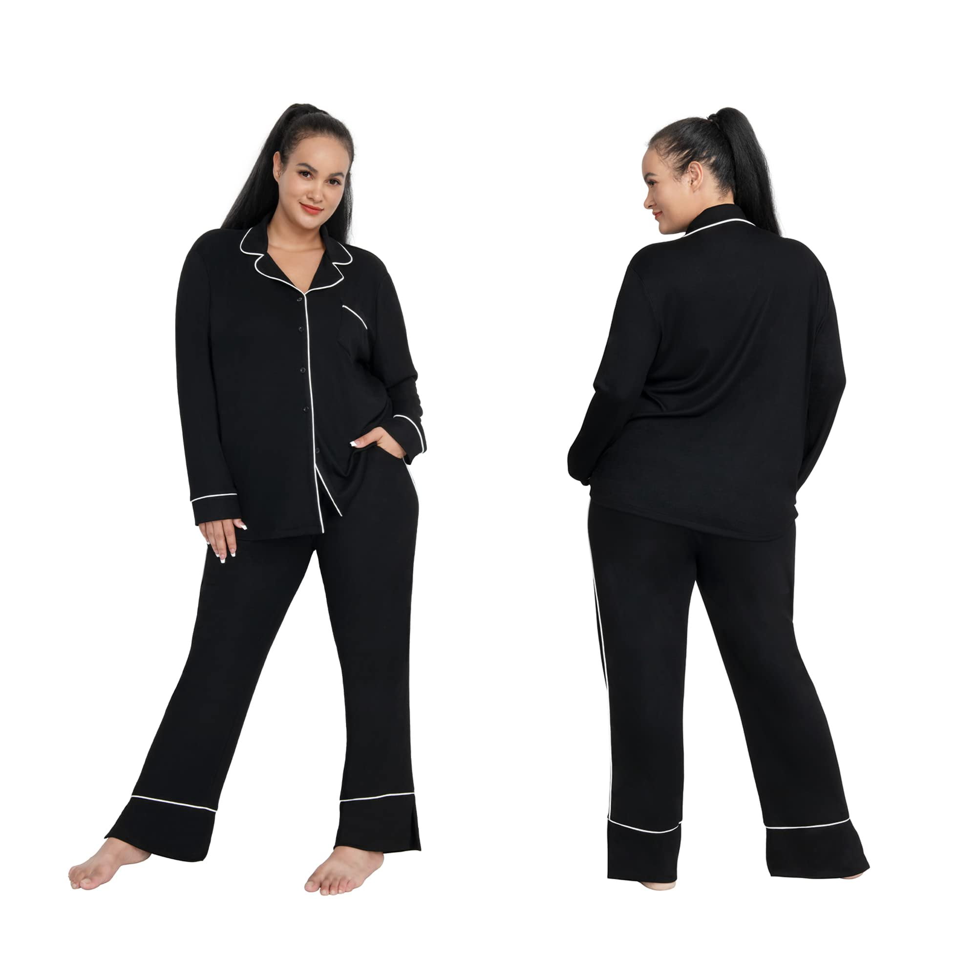 Women 2Pcs Pajamas Set Notch Collar Soft Oversized Sleepwear Pjs Long ...