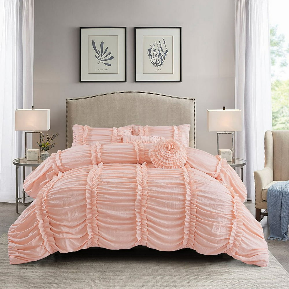Homechoice 5 Piece Oversize Solid Pink Handmade Ruched Ruffle Comforter