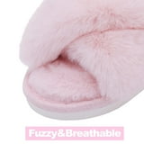 Litfun Women's Fuzzy Slippers, Open Toe Cross Band, Memory Foam, Plush Pink - Walmart.com