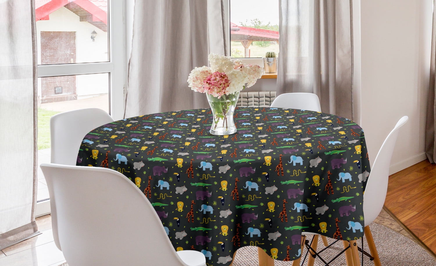 Nursery Round Tablecloth, Happy Smiling Friendly Various Zoo Animals ...