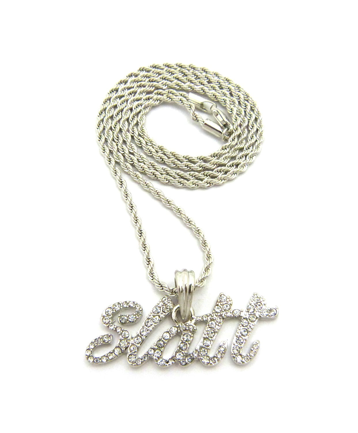 Stone Stud Slatt Phrase Pendant with Chain Necklace - Silver-Tone, 24 ...