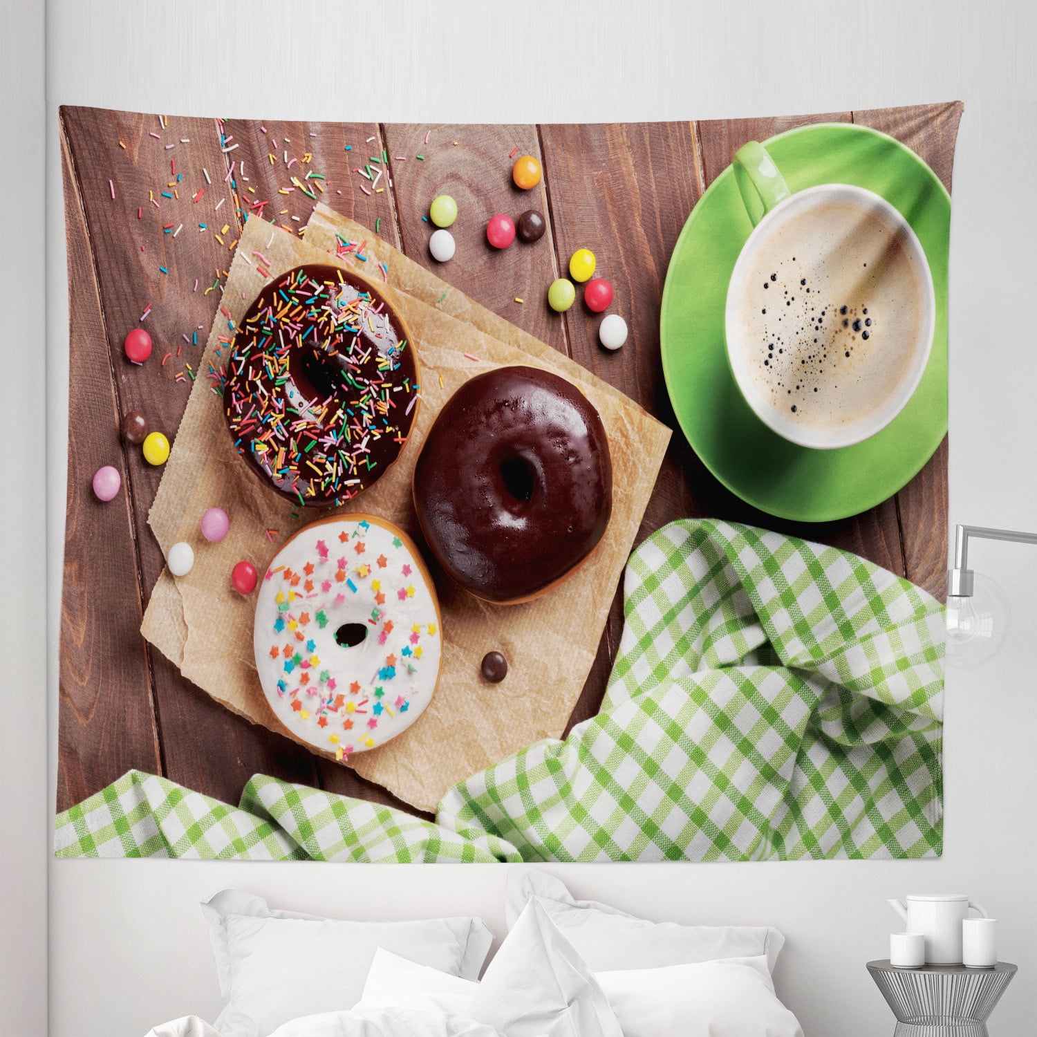 Food Tapestry, Tasty Donuts and Coffee Cup on Wooden Backdrop Green ...