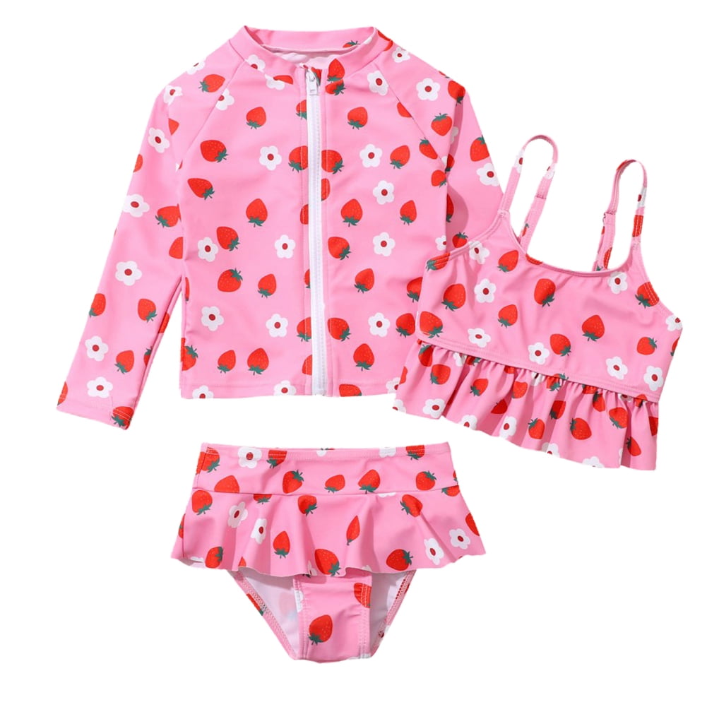 GYRATEDREAM 2-10Y Kid Girl's 3 Piece Swimsuits Strawberry Flounce ...