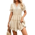 Beige Womens Loose Fit Vneck Lace Dresses for Women Short Sleeve Mini ...