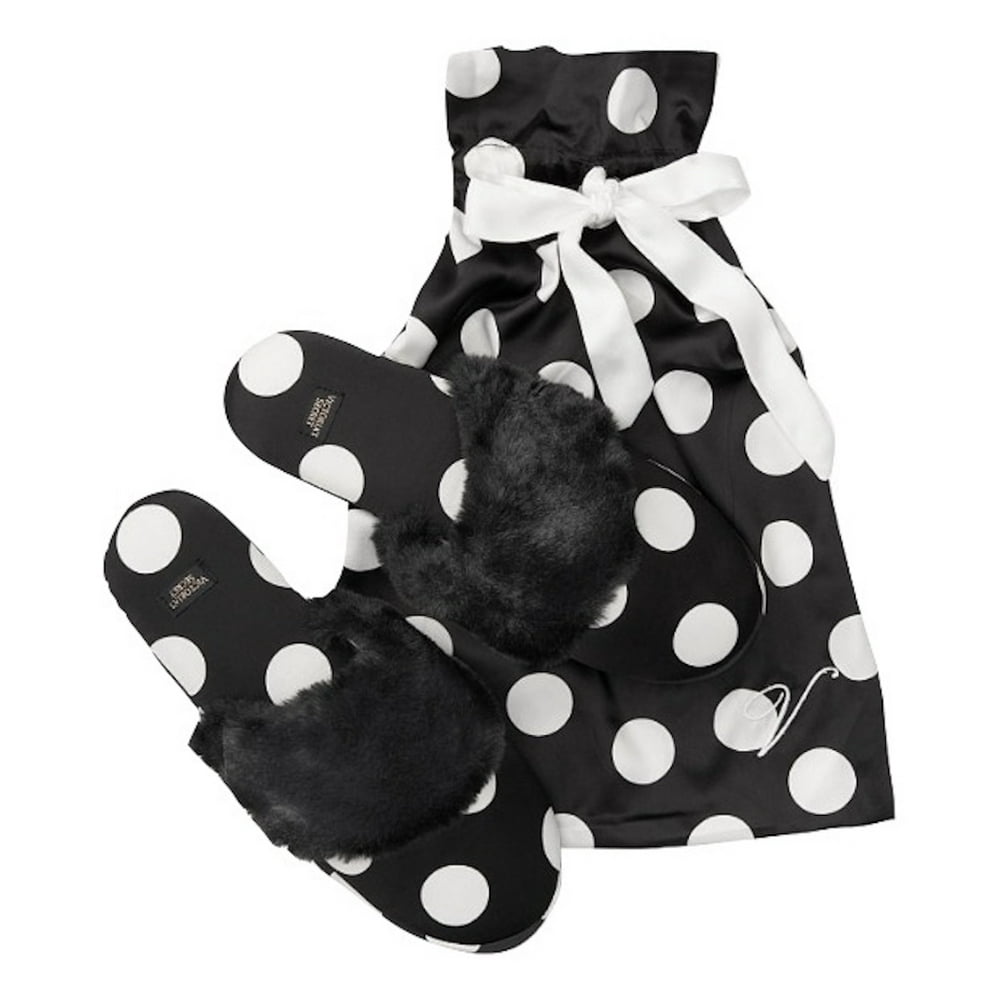 Victorias Secret Signature Satin Slippers Black White Polka Dot With