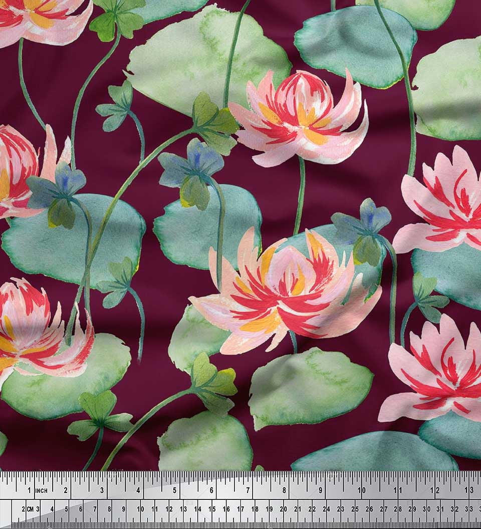 Soimoi Satin Silk Fabric Leaves & Lotus Flower Fabric Prints By Yard 42 ...