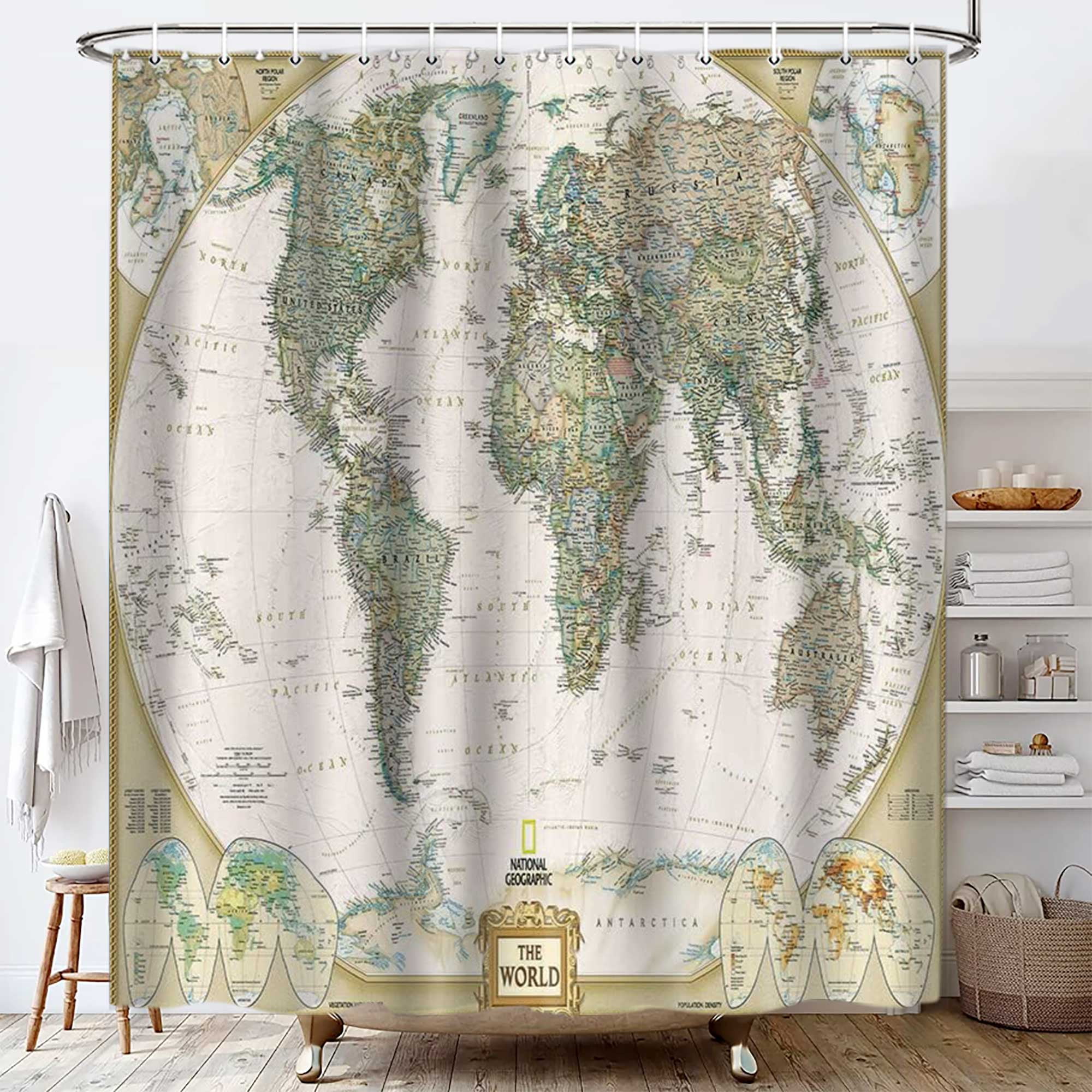 World Map Shower Curtain, Nautical Map Theme Bathroom Decor Countries ...